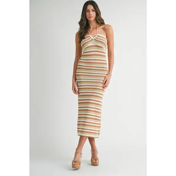 PINKBLUSH Striped Halter Crochet Knit Midi Dress - Light Olive