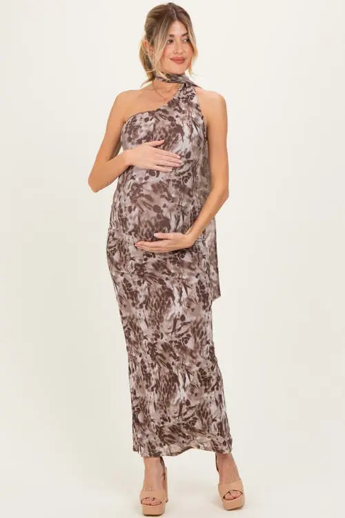 PINKBLUSH Printed Halter Maxi Dress - Mocha