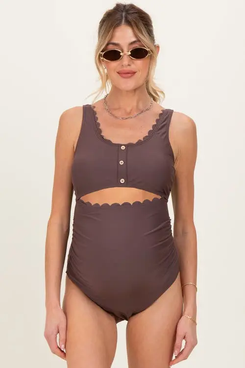 PINKBLUSH Scalloped Cutout Ruched One Piece Swimsuit - Brown