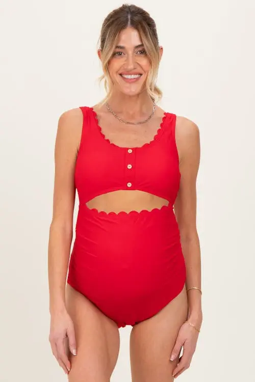 PINKBLUSH Scalloped Cutout Ruched One Piece Swimsuit - Red