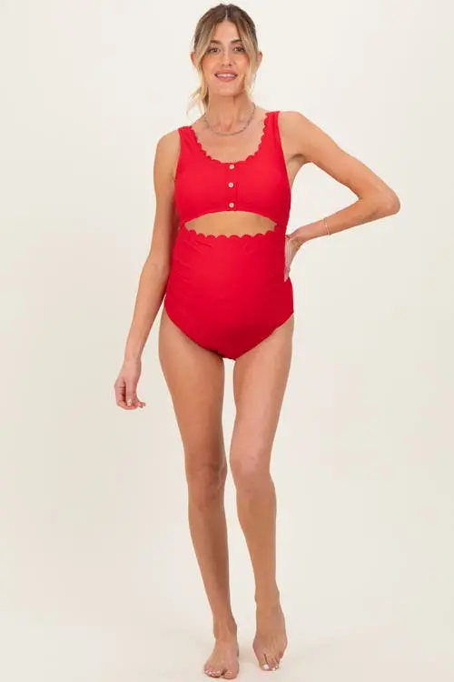 PINKBLUSH Scalloped Cutout Ruched One Piece Swimsuit - Red