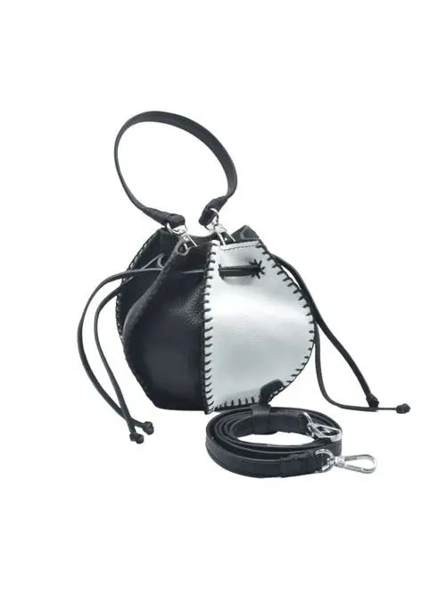 Carlos Falchi Mini Bucket Pouch Top Grain Leather Bag - Black And White