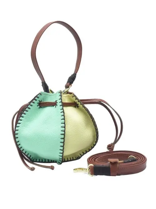 Carlos Falchi Mini Bucket Pouch Top Grain Leather Bag - Lemon Lime