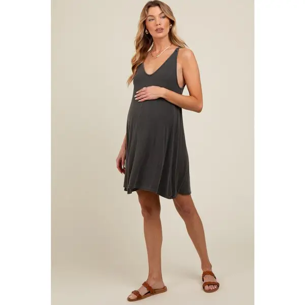 PINKBLUSH Ribbed Sleeveless Front Seam Dress - Charcoal Grey