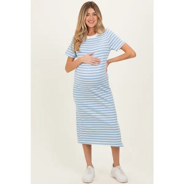 PINKBLUSH Striped Maternity Midi Dress - Light Blue