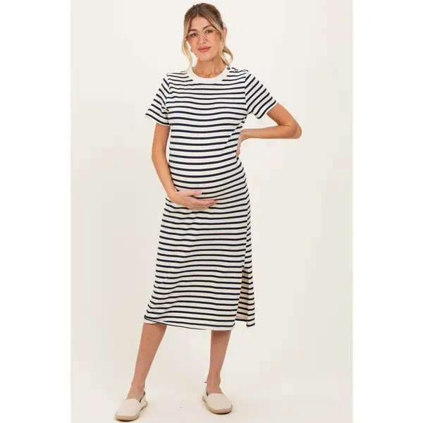 PINKBLUSH Striped Short Sleeve Midi Dress - Navy Blue