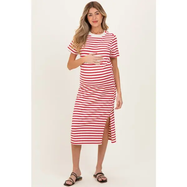 PINKBLUSH Striped Short Sleeve Midi Dress - Red