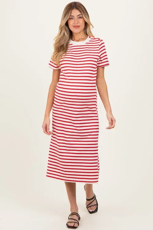 PINKBLUSH Striped Short Sleeve Maternity Midi Dress - Red