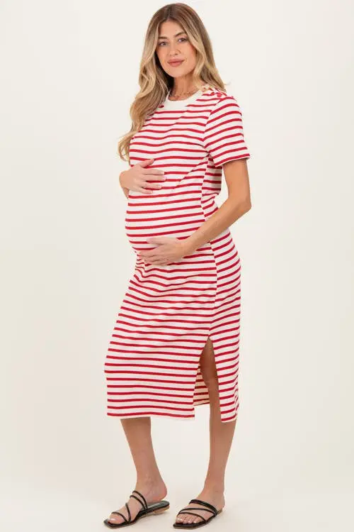 PINKBLUSH Striped Short Sleeve Maternity Midi Dress - Red