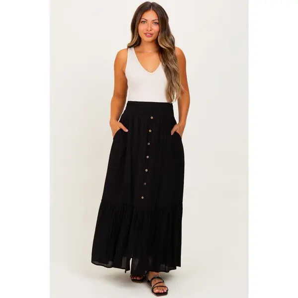 PINKBLUSH Smocked Waist Button Accent Maxi Skirt - Black