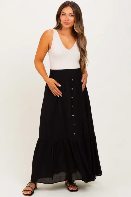PINKBLUSH Smocked Waist Button Accent Maxi Skirt