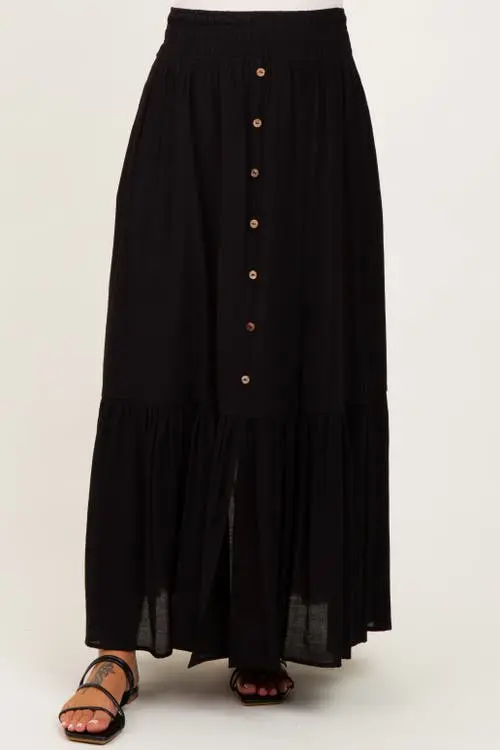 PINKBLUSH Smocked Waist Button Accent Maxi Skirt