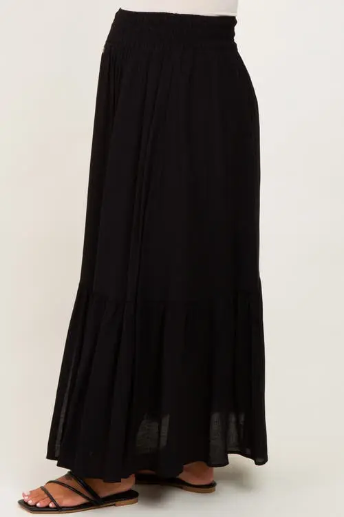 PINKBLUSH Smocked Waist Button Accent Maxi Skirt