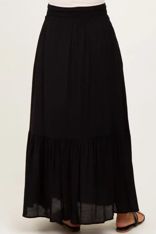 PINKBLUSH Smocked Waist Button Accent Maxi Skirt
