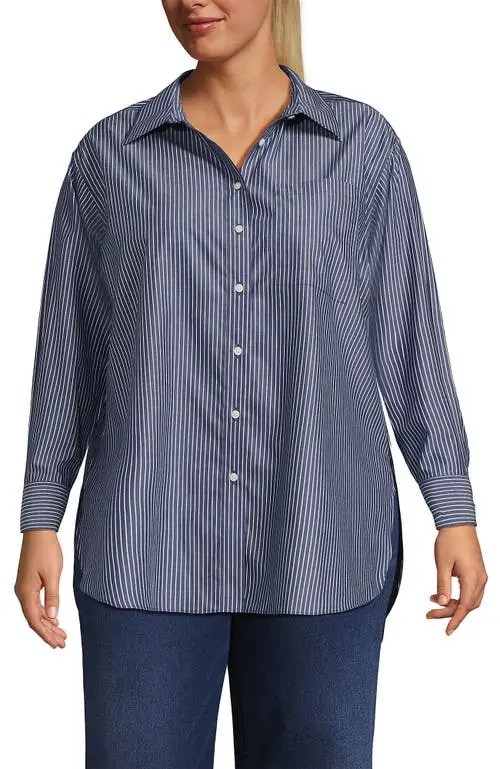 LANDS' END Oversized No Iron Tunic With Statement Collar Shirt - Deep Sea Navy Thin Stripe