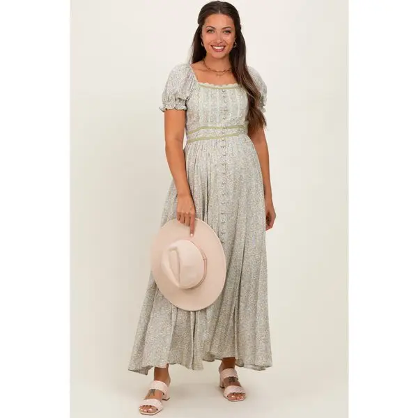 PINKBLUSH Floral Lace Trim Maxi Dress - Light Olive
