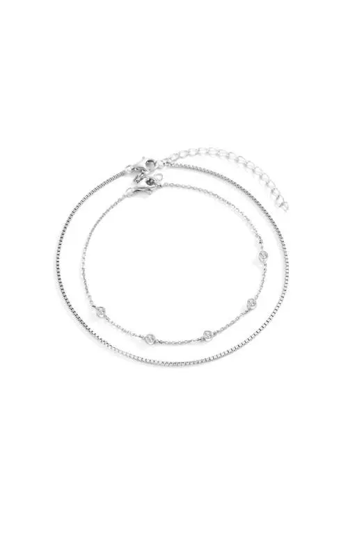 MINT & LILY Bezel Set Diamond And Box Chain Bracelet Stacking Set - Silver