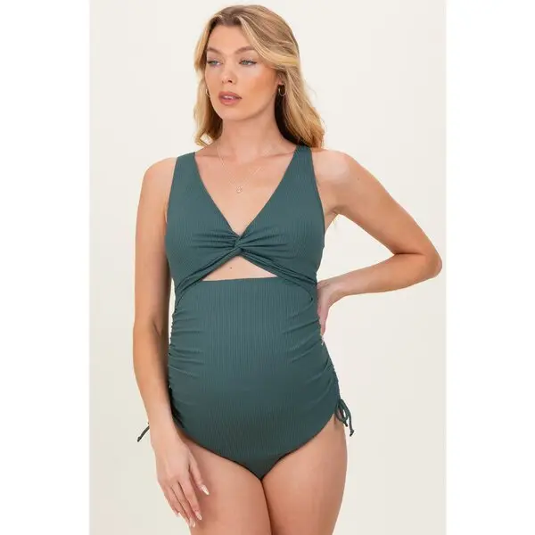 PINKBLUSH Twist Front Cutout Maternity One Piece Swimsuit - Forest Green
