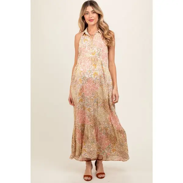 PINKBLUSH Floral Sleeveless Button Tiered Maxi Dress - Peach