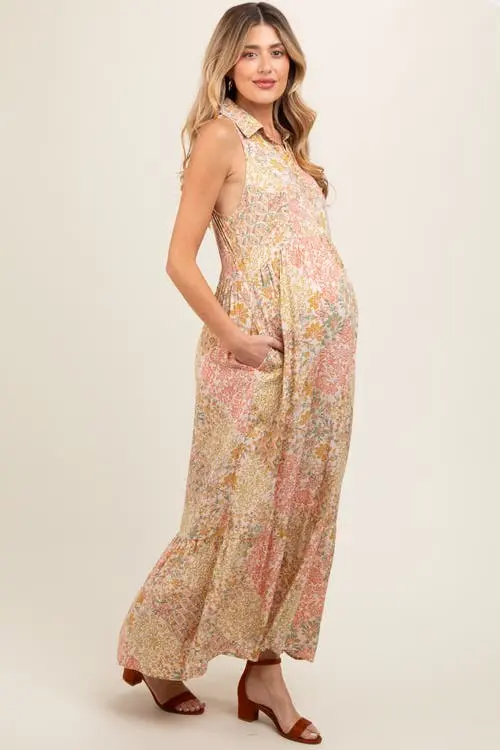 PINKBLUSH Floral Sleeveless Button Tiered Maxi Dress
