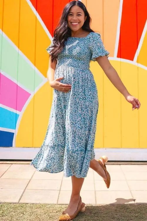 PINKBLUSH Floral Ruffle Midi Dress - Light Blue