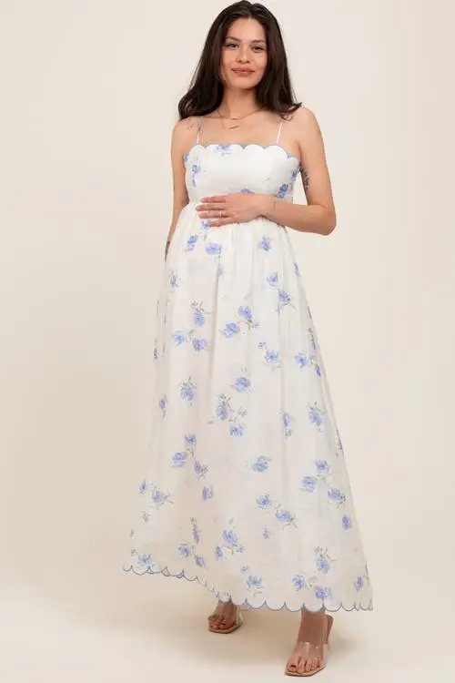 PINKBLUSH Floral Scallop Edge Back Cutout Maxi Dress - Blue