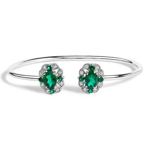 HAUS OF BRILLIANCE Sterling White Topaz And Green Emerald Floral Bangle Bracelet - Silver