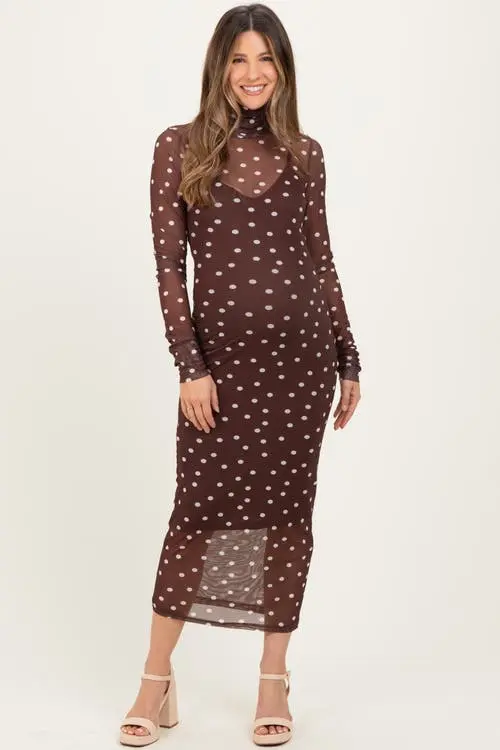 PINKBLUSH Polka Dot Mesh Overlay Midi Dress - Brown