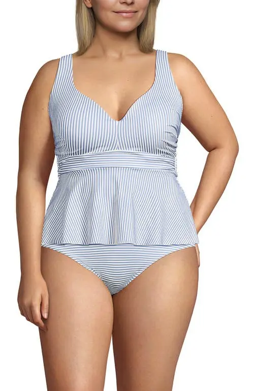 LANDS' END Sweetheart Belted Flutter Tankini - Soft Cloud Blue Mini Stripe