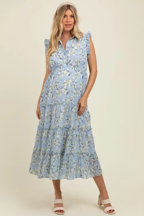 PINKBLUSH Floral Print Frilled Pocketed Midi Dress - Blue