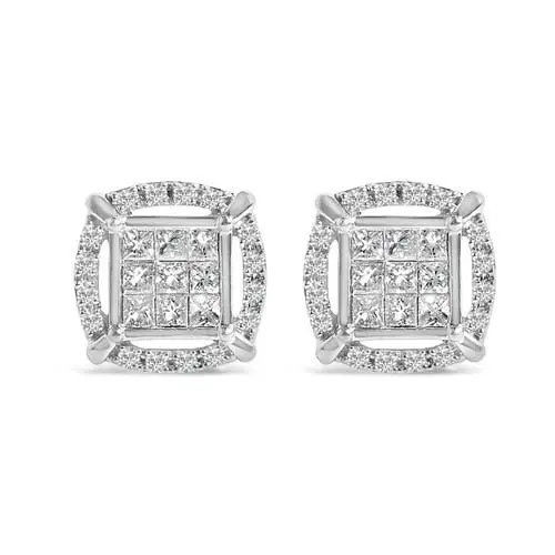 HAUS OF BRILLIANCE Sterling 1 Cttw Princess And Round Cut Diamond Halo Stud Earrings - Silver
