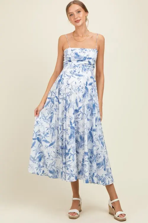PINKBLUSH Printed A-line Midi Dress With Spaghetti Straps - Blue