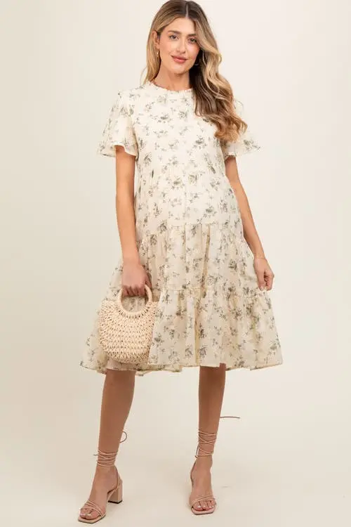 PINKBLUSH Floral Print Eyelet Lace Dress - Cream