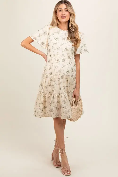 PINKBLUSH Floral Print Eyelet Lace Tiered Maternity Dress