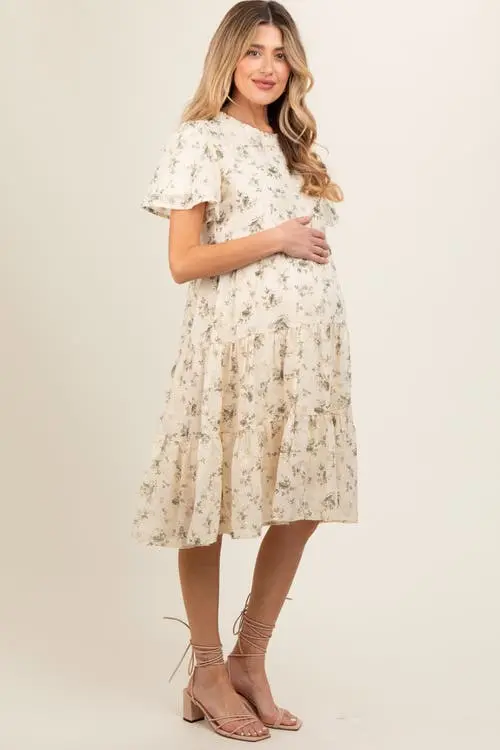 PINKBLUSH Floral Print Eyelet Lace Tiered Maternity Dress