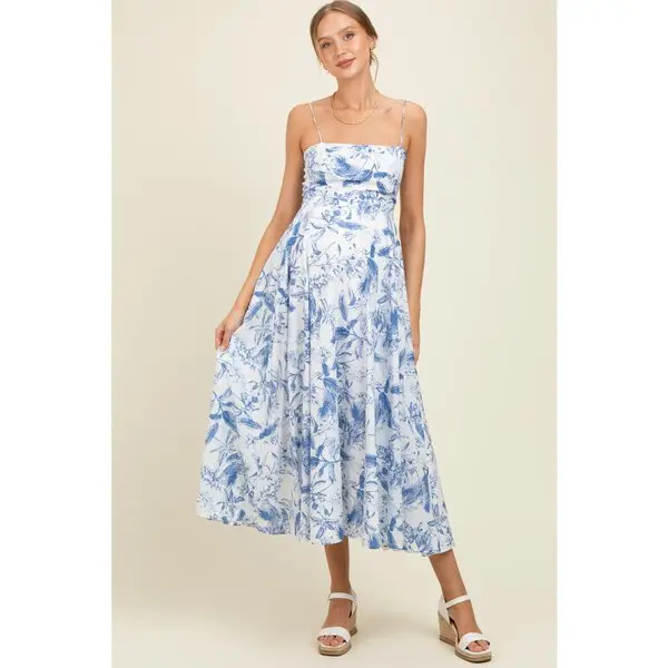 PINKBLUSH Spaghetti Strap Printed A-line Midi Dress - Blue