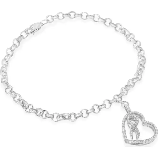 HAUS OF BRILLIANCE 925 Sterling 1/4 Cttw Diamond Heart And Ribbon Charm Link Bracelet - Silver