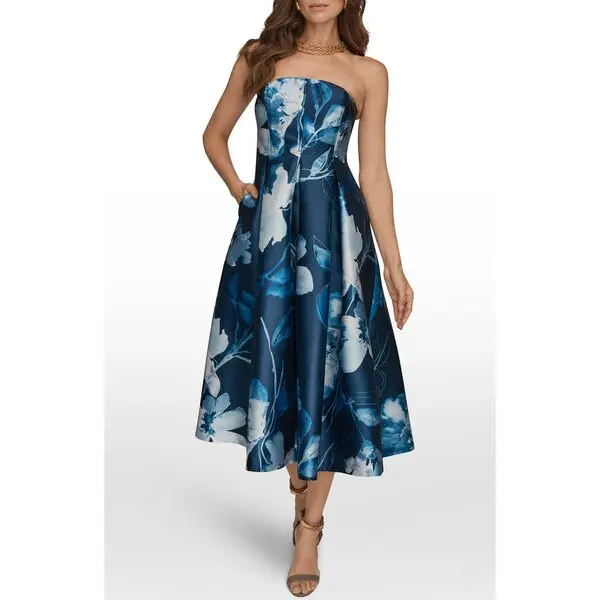 Donna Karan New York Floral Print Fit & Flare Party Dress - Nightfall/washed Indigo Multi