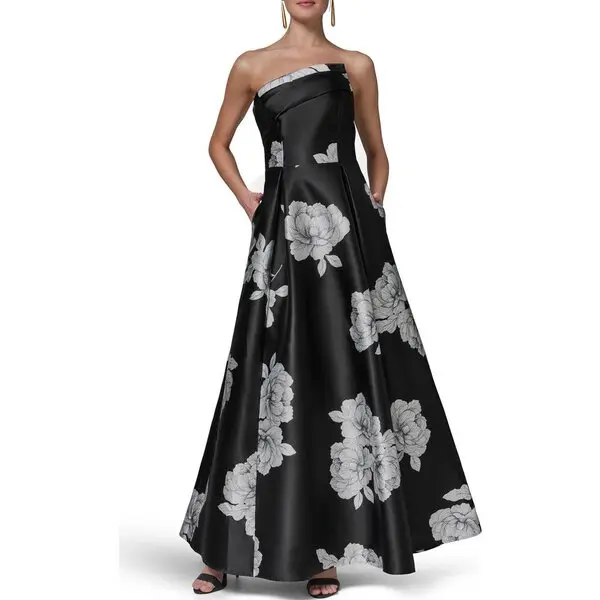 Donna Karan New York One-shoulder Floral Print Gown - Black/cream