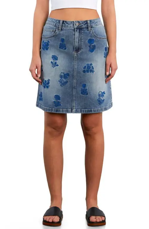 HINT OF BLU Wildflower Floral Embroidered Denim Skirt - Classic Blue