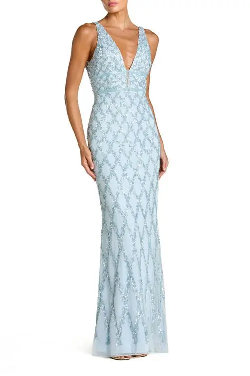 Mac Duggal Sequined Plunge Neck Sleeveless Column Gown - Ice Blue