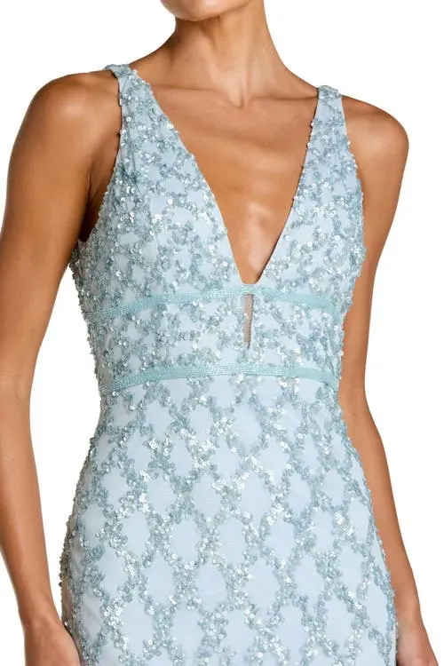 Mac Duggal Sequined Plunge Gown - Ice Blue