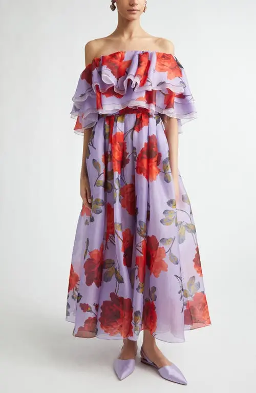 Carolina Herrera Rose Print Silk Organza Midi Dress - Violeta Multi