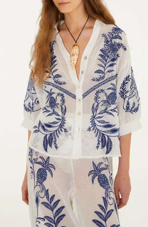 Farm Rio Nina Embroidery Open Stitch Cotton Cover-up Top - Nina Embroidery Off-