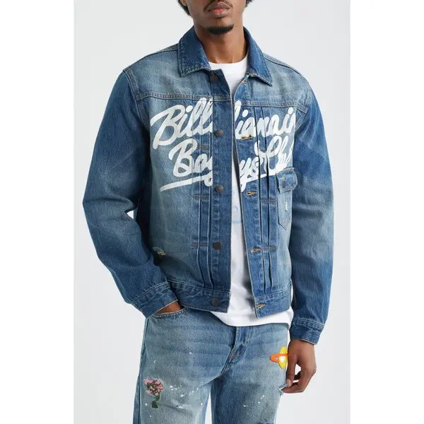 BILLIONAIRE BOYS CLUB Script Logo Distressed Denim Trucker Jacket - Astra