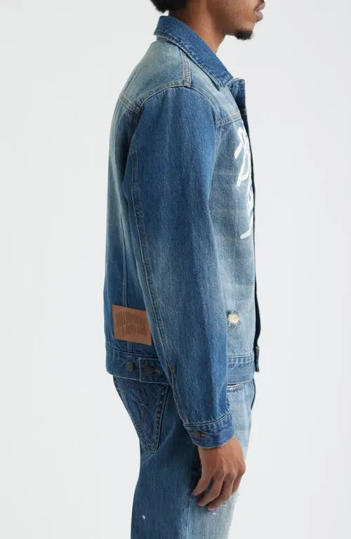 BILLIONAIRE BOYS CLUB Script Logo Distressed Denim Trucker Jacket