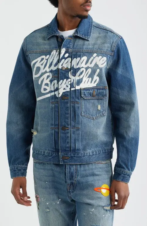 BILLIONAIRE BOYS CLUB Script Logo Distressed Denim Trucker Jacket