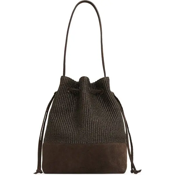 MANSUR GAVRIEL Drawstring Woven Raffia And Suede Bucket Bag - Ebony