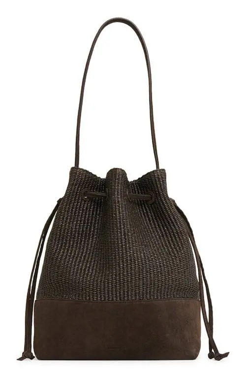 MANSUR GAVRIEL Drawstring Woven Raffia And Suede Bucket Bag - Ebony