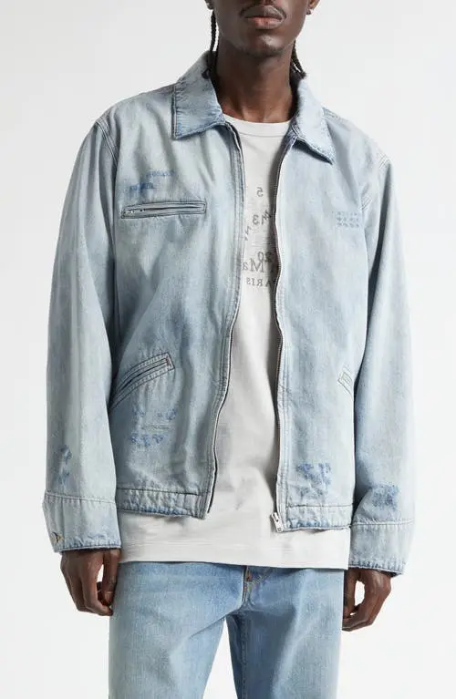 MAISON MARGIELA Distressed Zip-up Denim Trucker Jacket - Light Blue